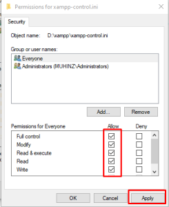 Fix cannot create file xampp-control.ini Access is denied error windows 10